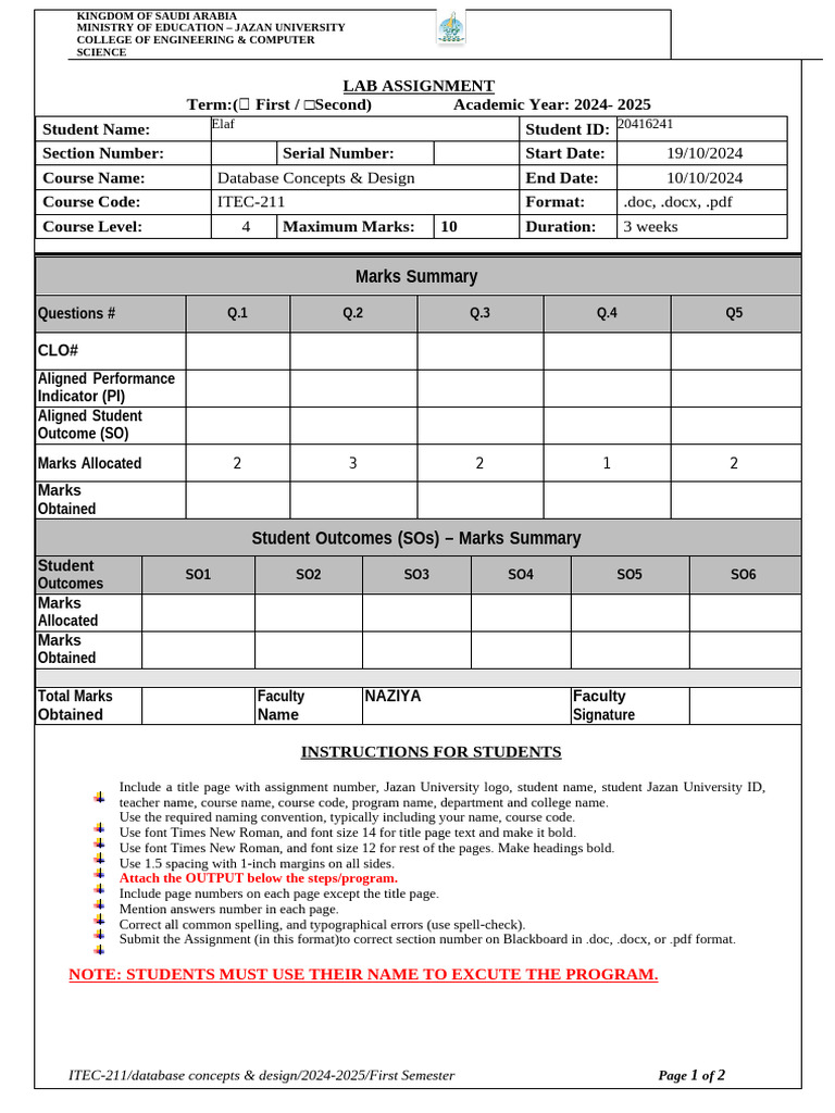 Lab Assignment ITEC 211 G 563 | PDF | Table (Database) | Sql