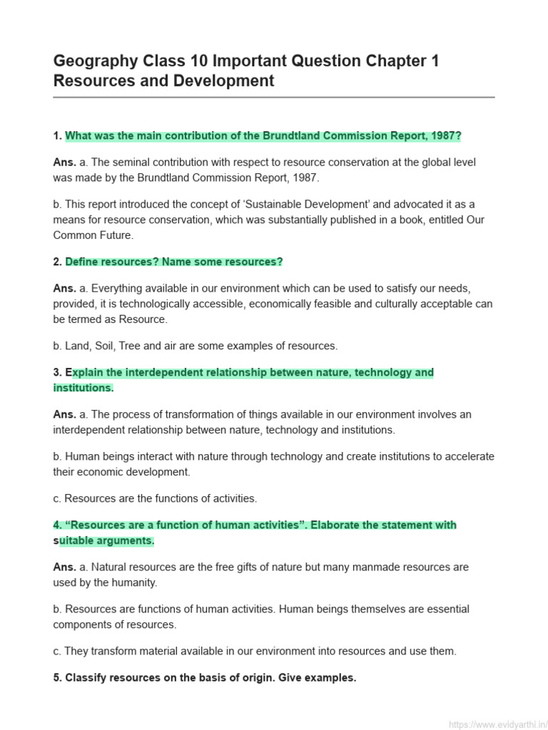 Important Questions Class 10 Geography Chapter 1 | PDF | Sustainability | Sustainable Development