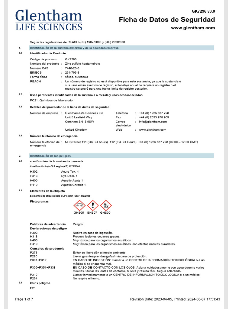 Sulfato de Zinc - MSDS | PDF | Toxicidad | Vómitos