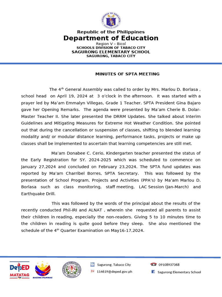 4TH SPTA MEETING MINUTES | PDF
