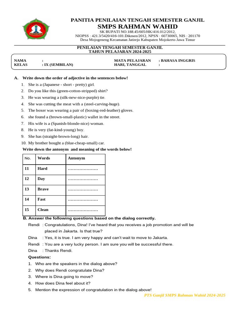 PTS Ganjil Bahasa Inggris 2024-2025 | PDF | Sports & Recreation