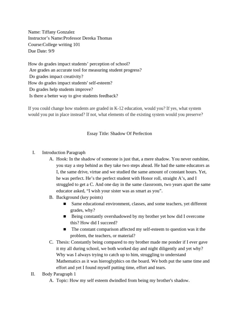 ENG 101 Practice Essay Outline Worksheet | PDF | Self Esteem | Learning