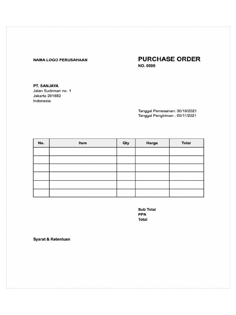 Contoh Purchase Order Template Word 768x952 | PDF