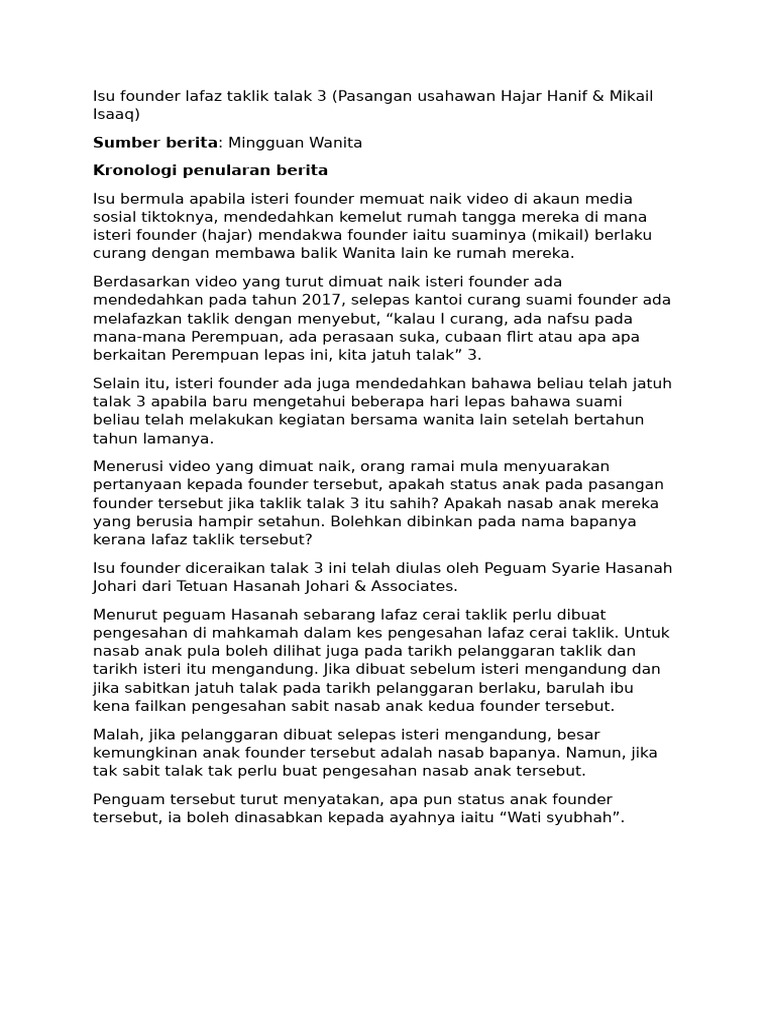 Isu Founder Lafaz Taklik Talak 3 | PDF