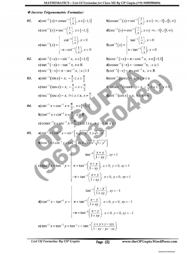 Formulae Trigonometric Functions Inverse Trigonometric Functions 1 | PDF