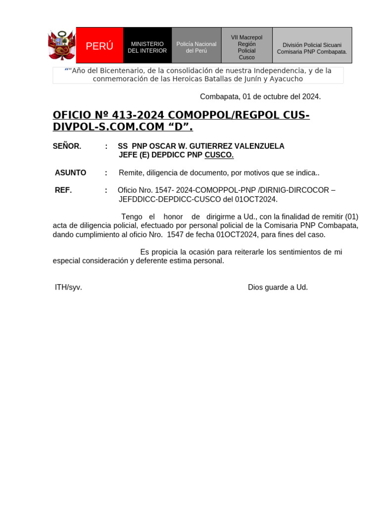 Oficio Remiteindo Actas de Infraccion Al D.S 006-2020 in | PDF