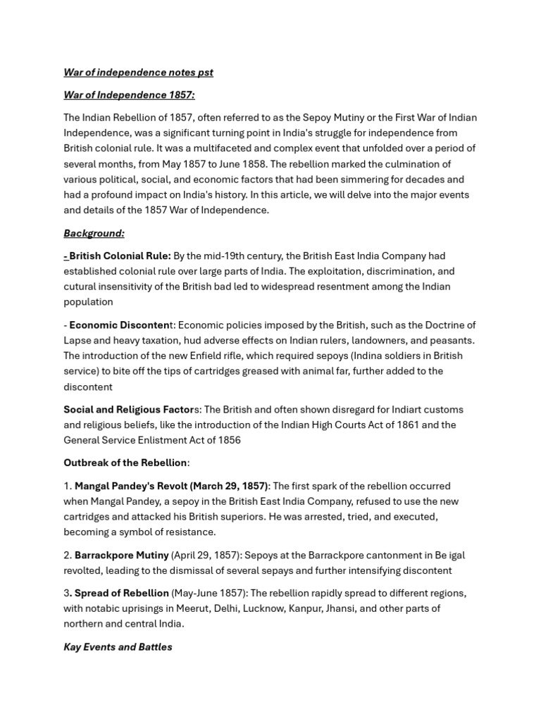 PST War of Independence Notes | PDF | Indian Rebellion Of 1857 ...