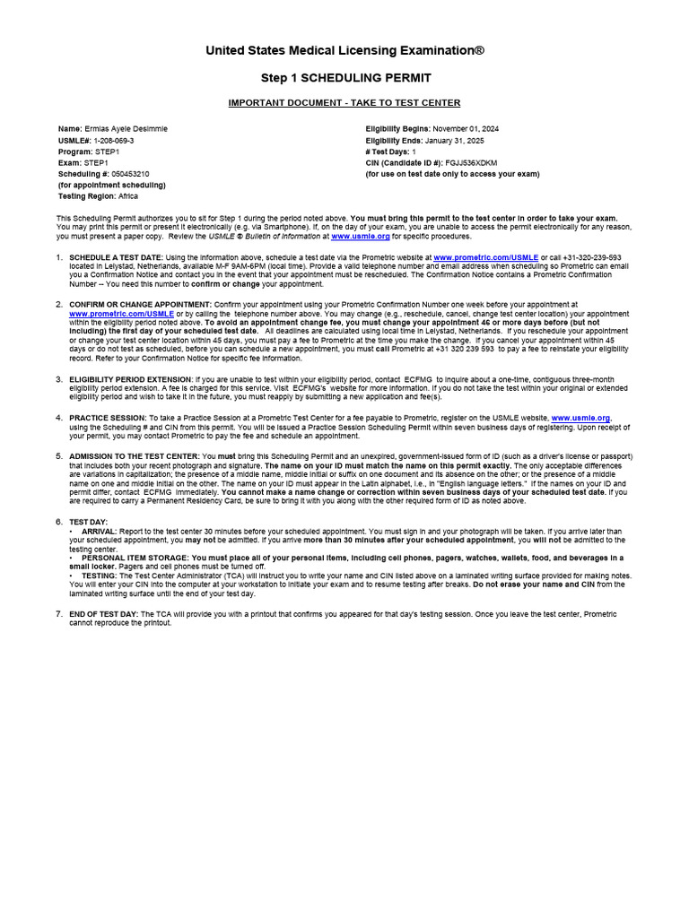 Exam Permit | PDF | United States Medical Licensing Examination