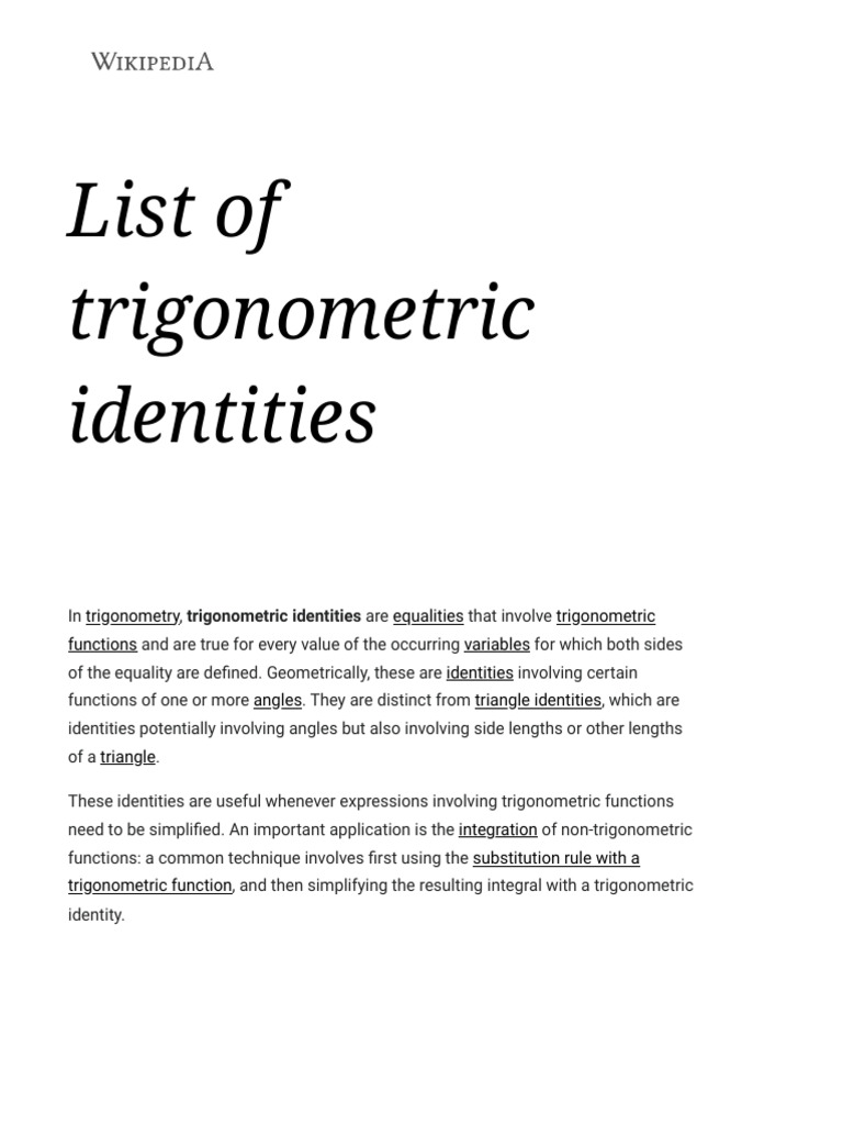List of Trigonometric Identities - Wikipedia | PDF | Trigonometric ...