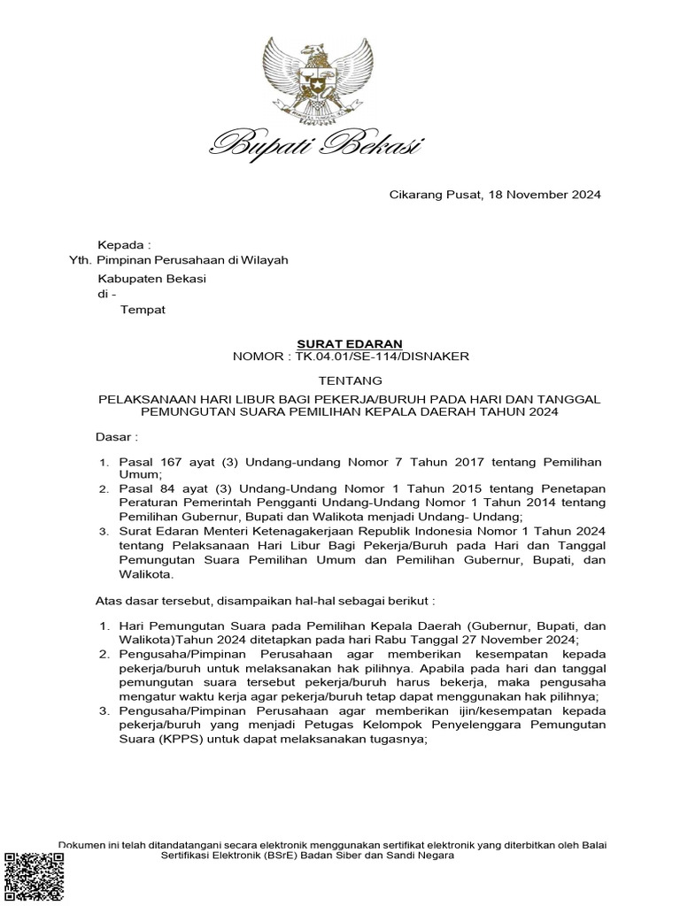 Pelaksanaan Hari Libur Bagi Pekerja Buruh Pada Hari Dan Tanggal Pemungutan Suara Pemilihan ...