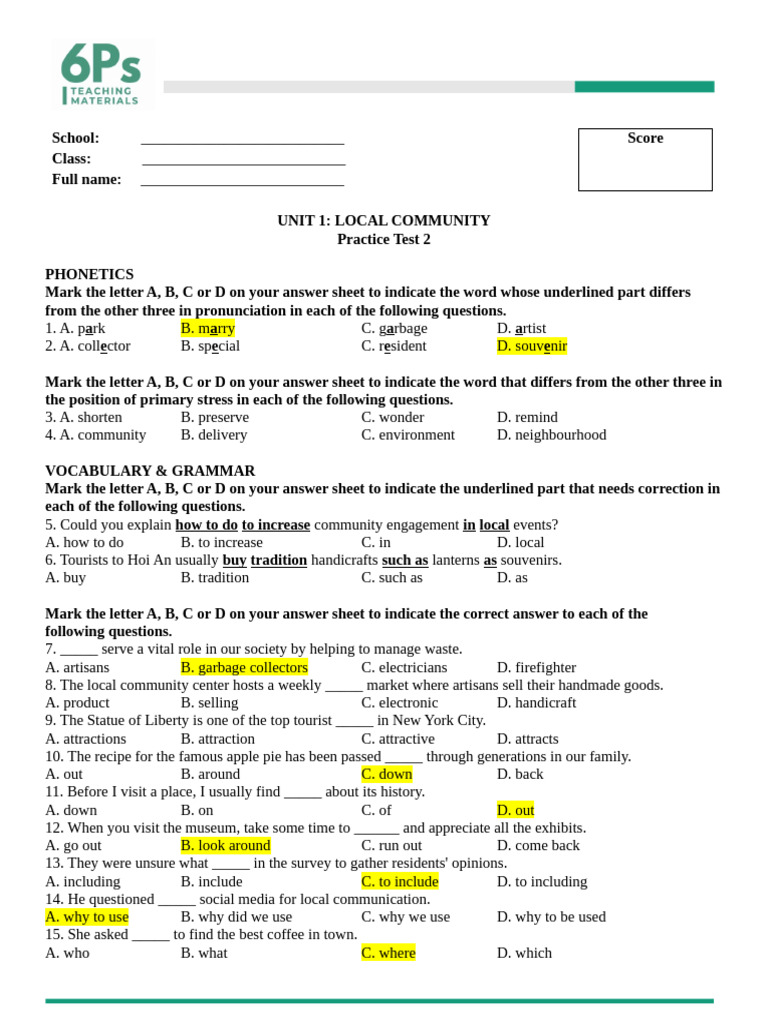 G9 Practice Test 2 Unit 1 | PDF | Local Food | Supermarket