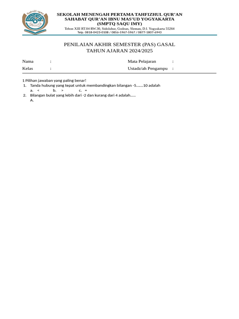 Kop Ulangan PAS SMP 2024/2025 | PDF