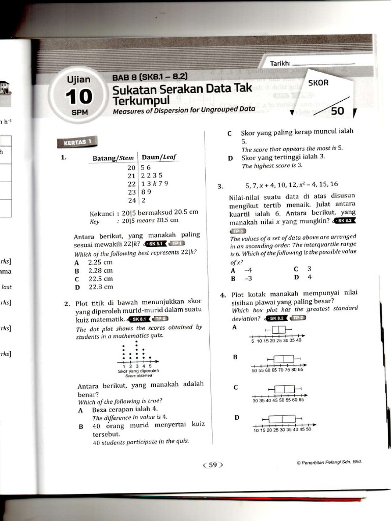 Math Form 4 Bab 8 Latihan Sukatan Serakan Data Tak Terkumpul Part | PDF