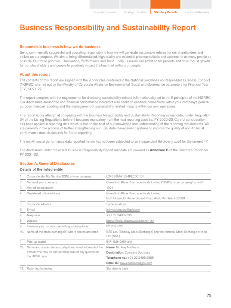 BRSR GSK Pharma-2021-22 | PDF | Employment | Regulatory Compliance