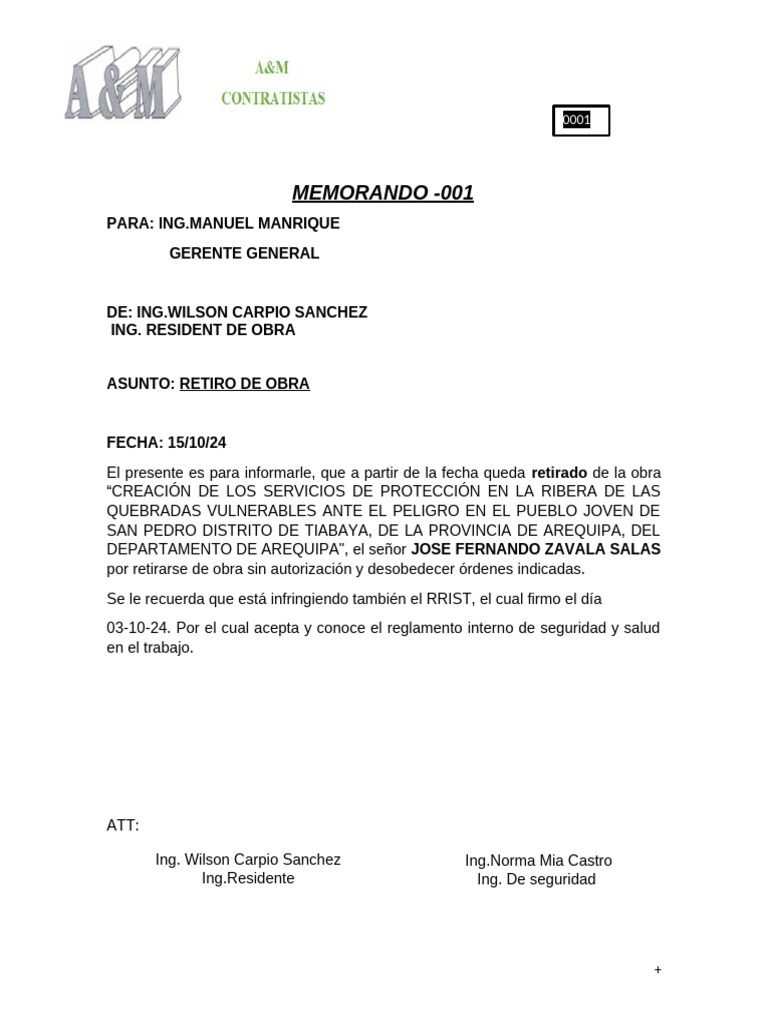 Memorando 001 Almacenero | PDF