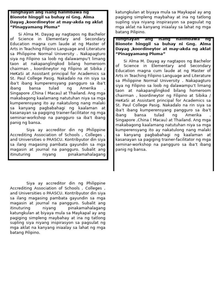 Bionote Hinggil Sa Buhay Ni Gng. Alma Dayag | PDF