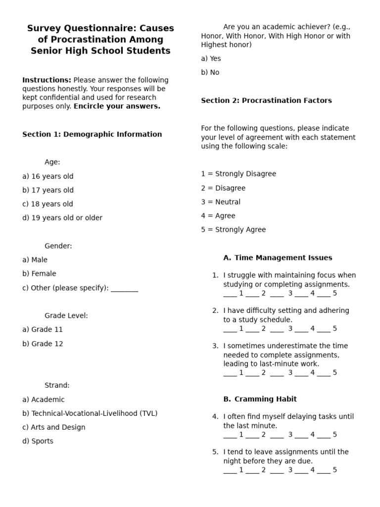 Survey Questionnaire | PDF | Procrastination | Professional Skills