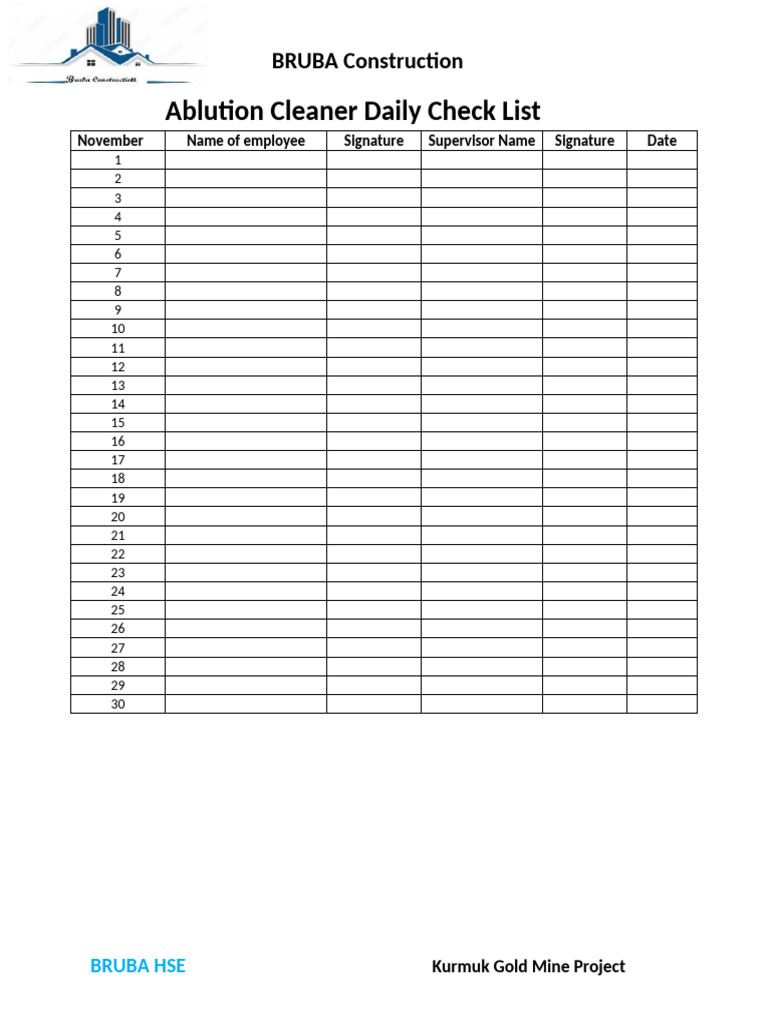 Ablution Cleaner Daily Check List | PDF