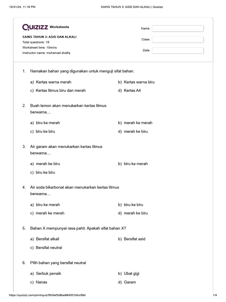 SAINS TAHUN 3 - ASID DAN ALKALI - Quizizz | PDF