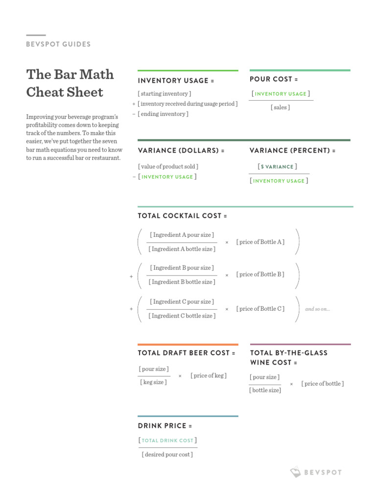 Bar Math Cheat Sheet | PDF | Drink | Bottle