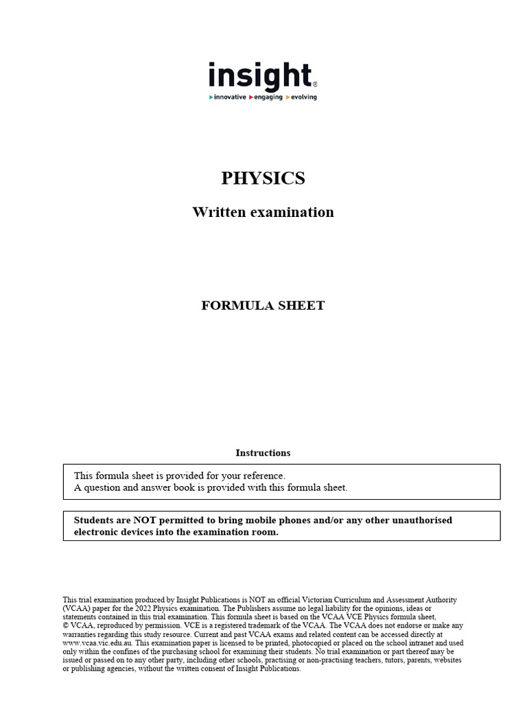 VCE Physics Exam Formula Sheet | PDF | Waves | Force