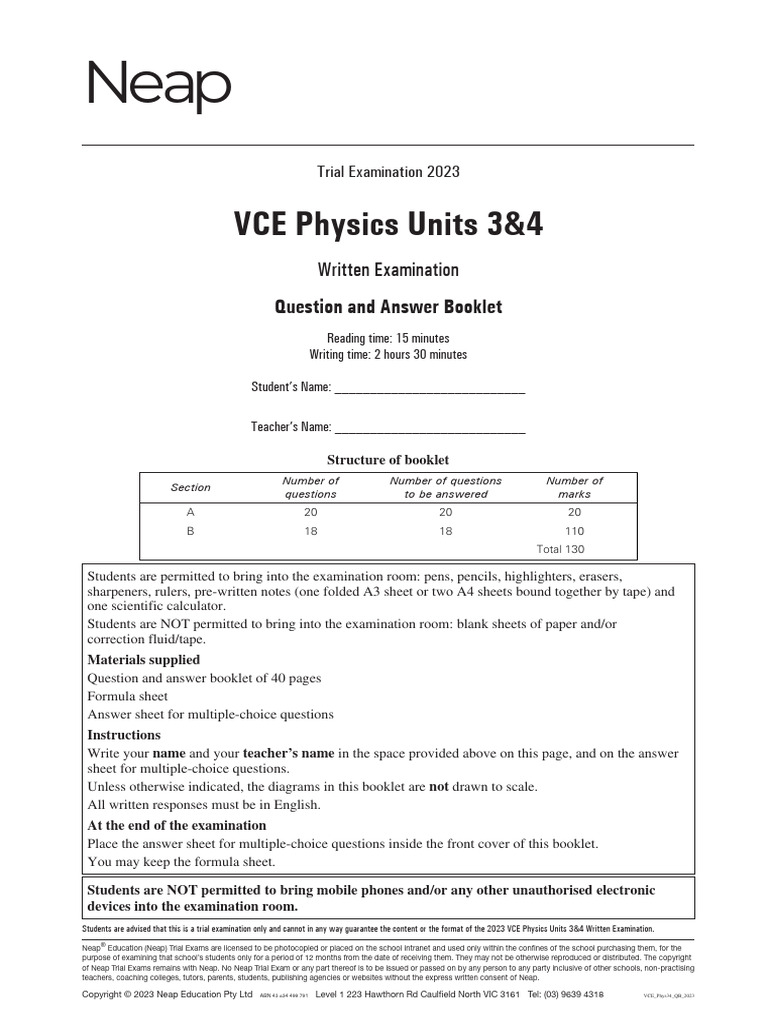 VCE Physics Units 3&4 Question and Answer Booklet 2023 | PDF | Inductor ...
