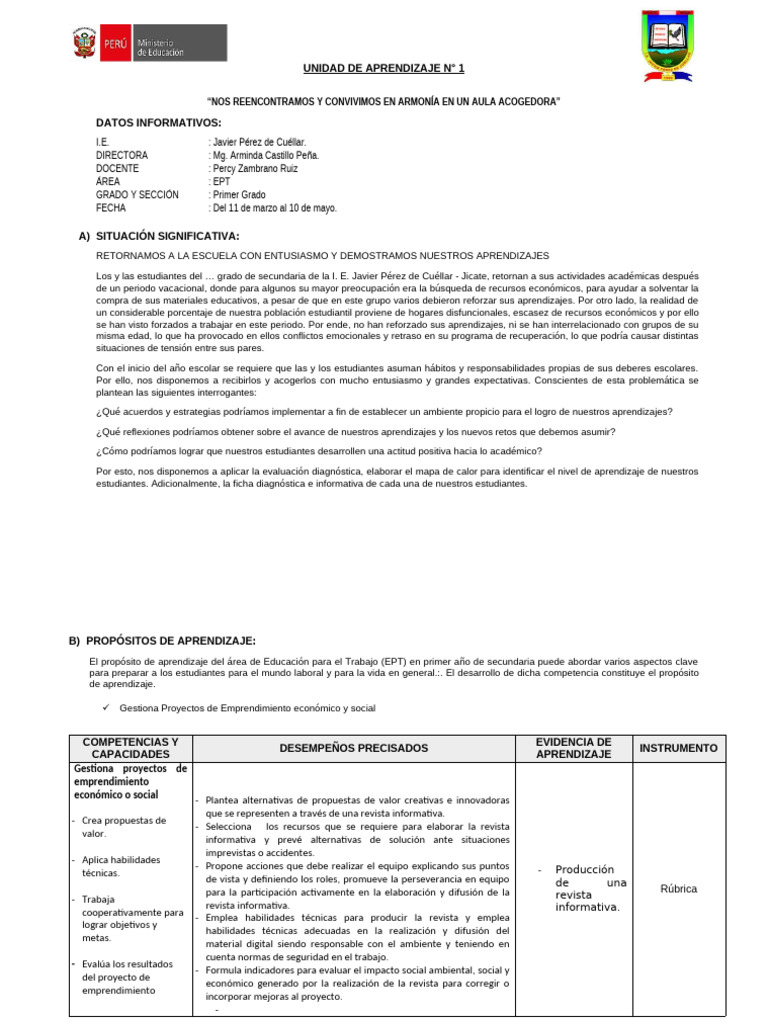 01 UNIDAD EPT 1ro | PDF | Enseñando | Aprendizaje