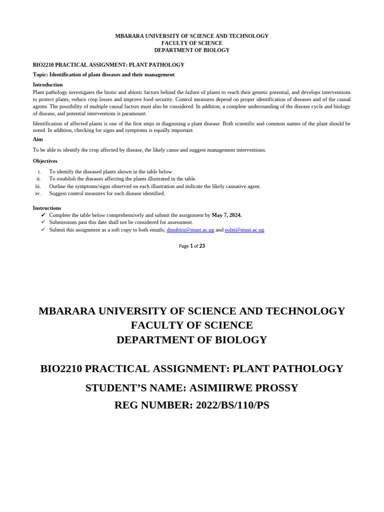 BIO2210 Plant Pathology Practical Assignment-2024 | PDF | Plants | Botany
