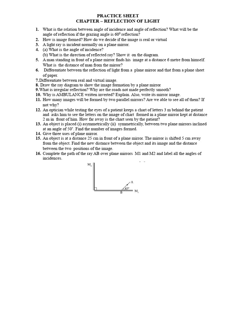 Practice Sheet - Reflection of Light | PDF