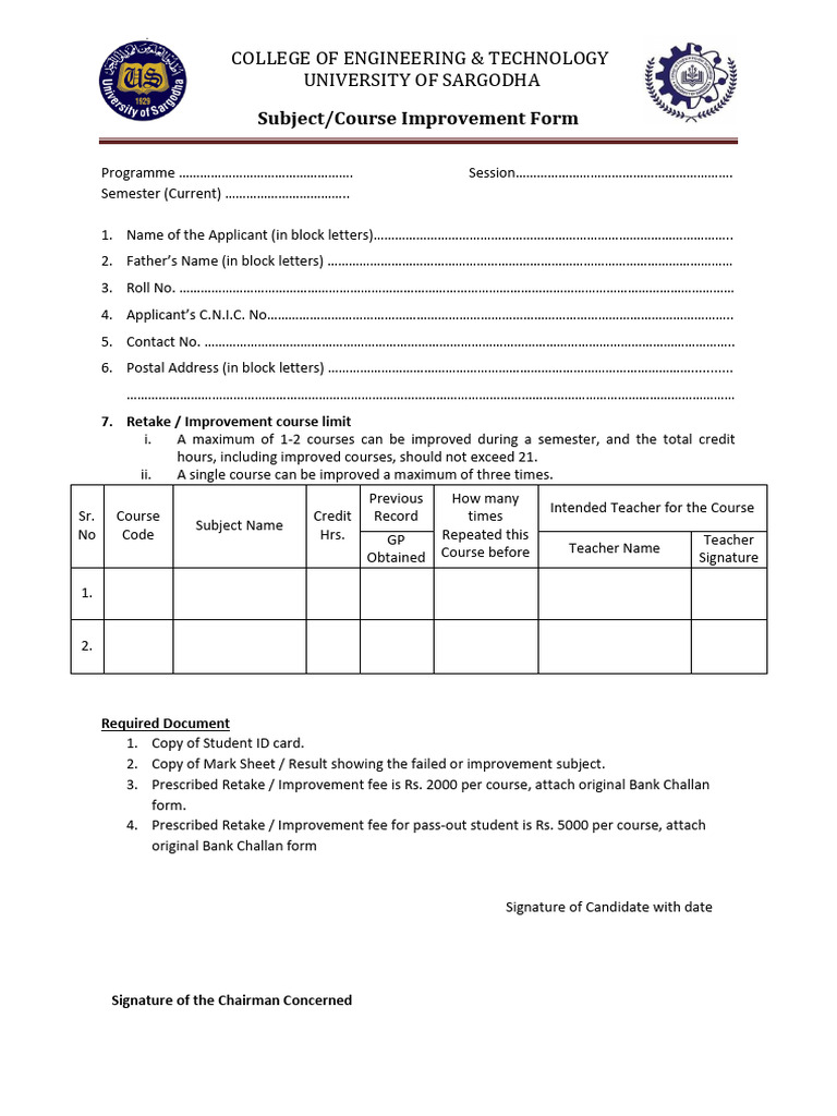Course Improvement, Repeat Proforma | PDF