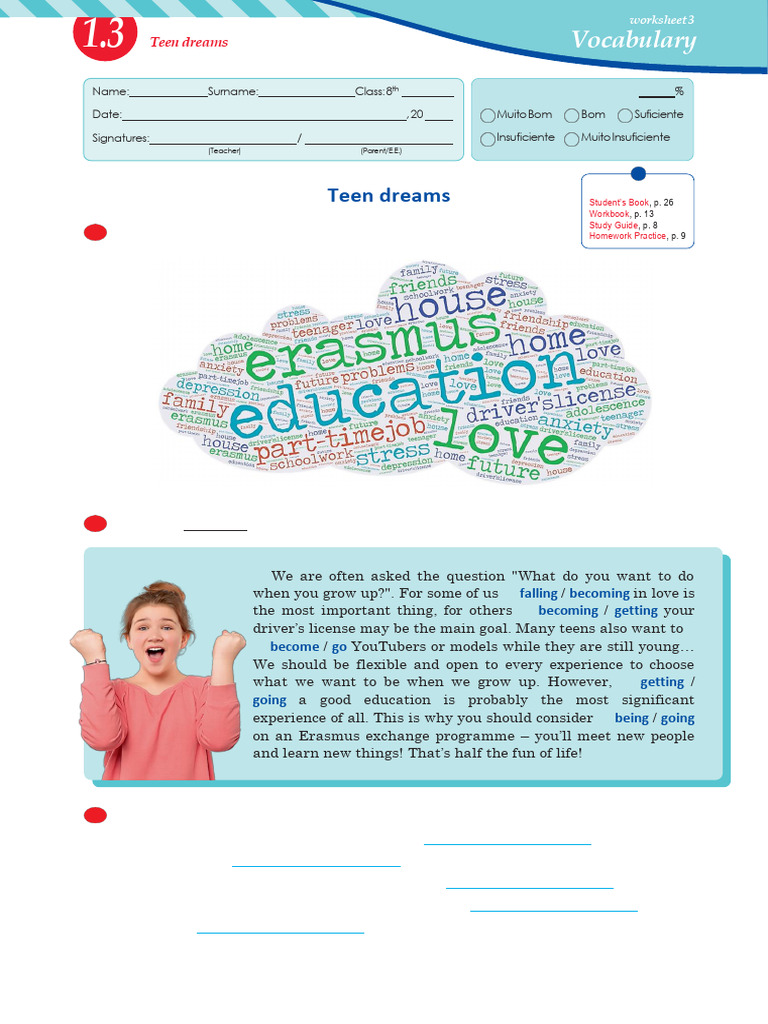 Enga8 Vocabulary Worksheet1 3 Teen Dreams | PDF | Learning | Human Communication