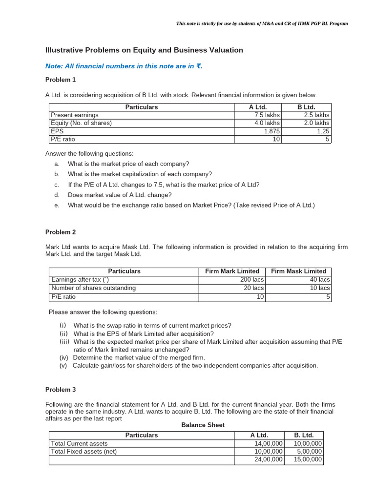 Illustrative Problems On Equity and Business Valuation 2 | PDF | Equity (Finance) | Mergers And ...