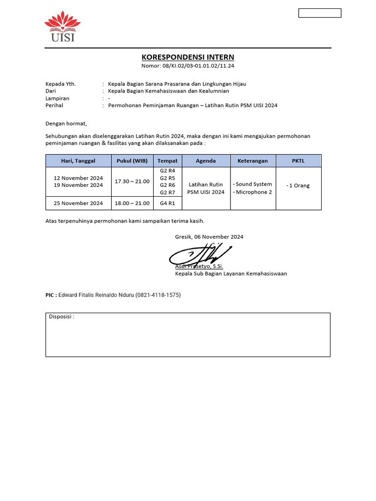 Permohonan Ruangan Latihan PSM UISI 2024 | PDF