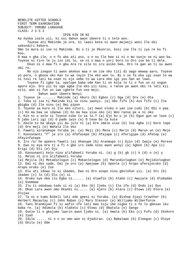 Jss3 Yoruba | PDF