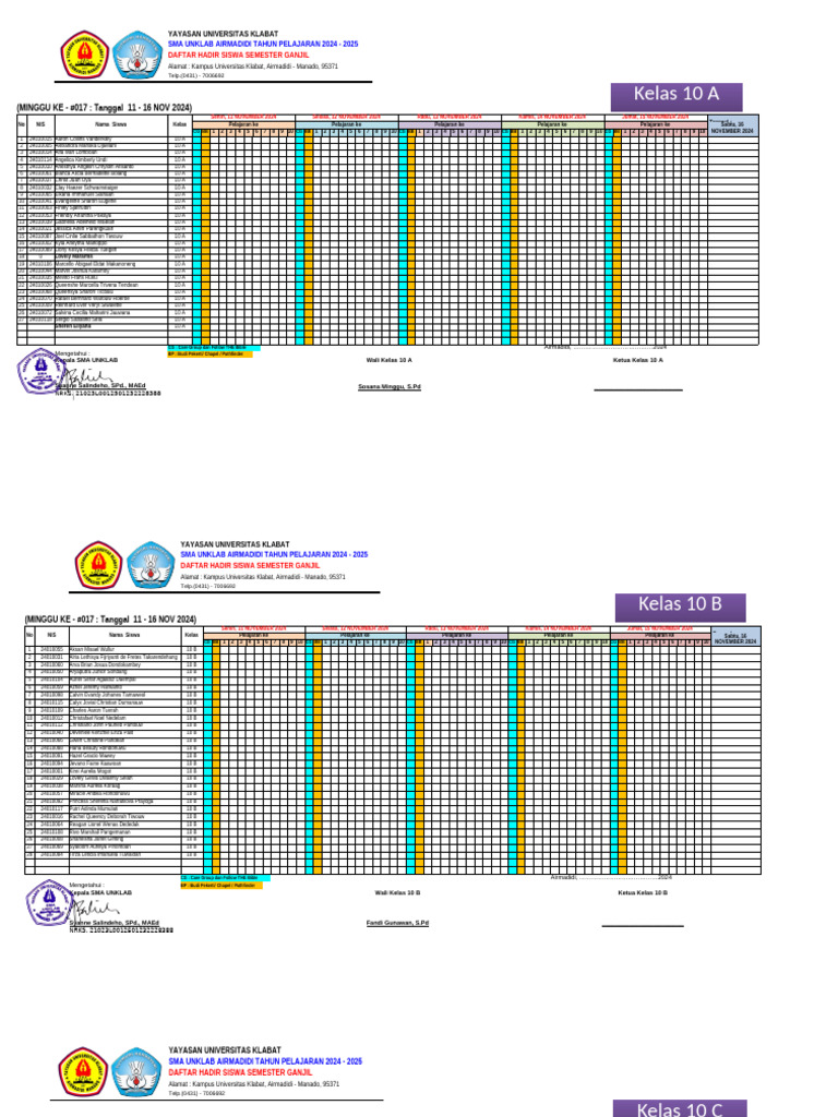 Daftar Hadir Siswa SMA UNKLAB 2024 | PDF