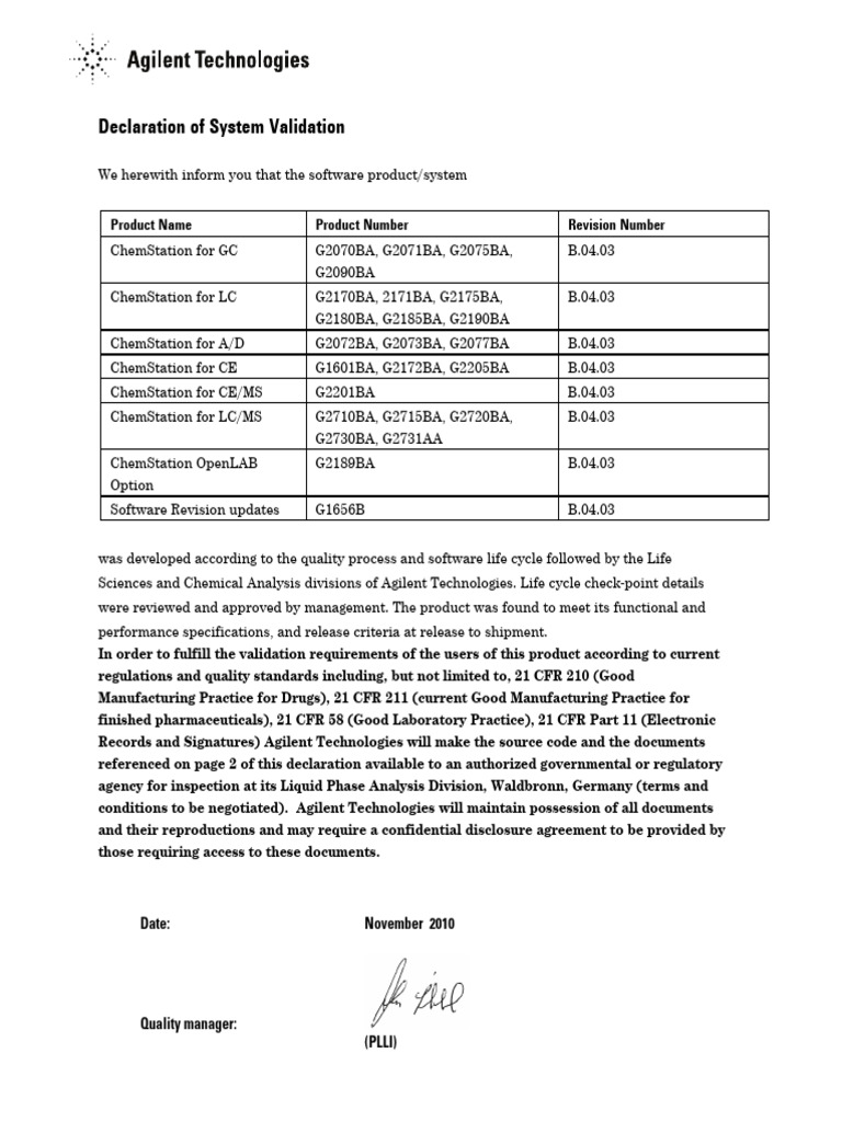 System Validation Declaration for ChemStation | PDF | Specification (Technical Standard ...
