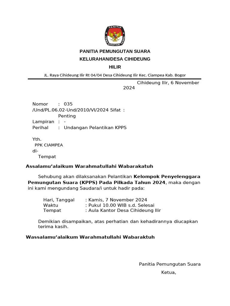 Undangan Pelantikan KPPS Pilkada 2024 | PDF