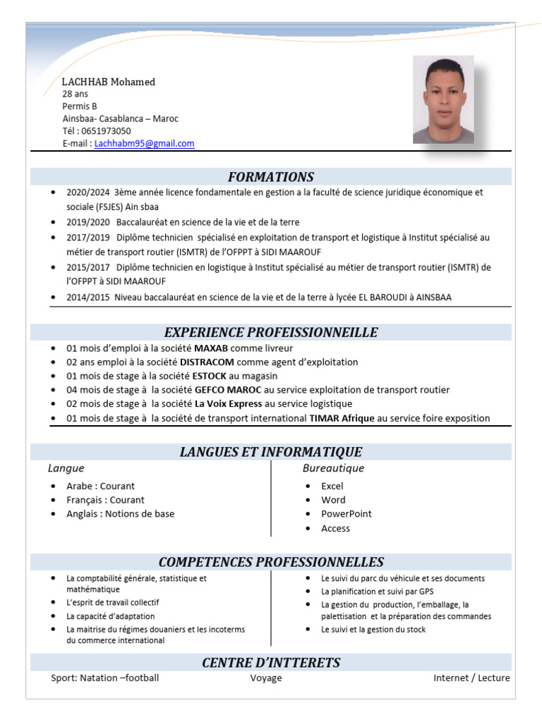 CV Technicien Logistique - Mohamed Lachhab | PDF | Transport