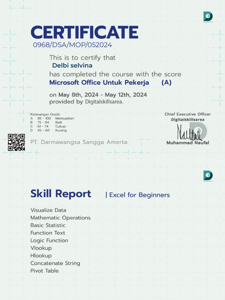 Sertifikat Shortcourse Microsoft Office Delbi Selvina 4 | PDF