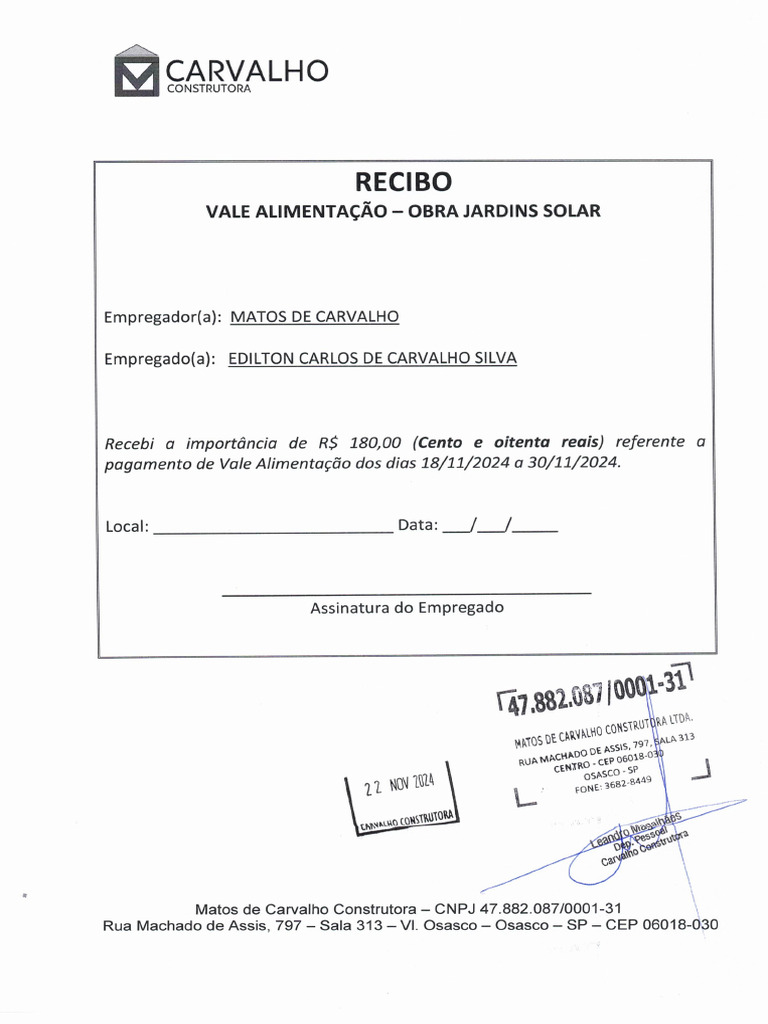 Modelo De Recibo De Vale Alimentacao