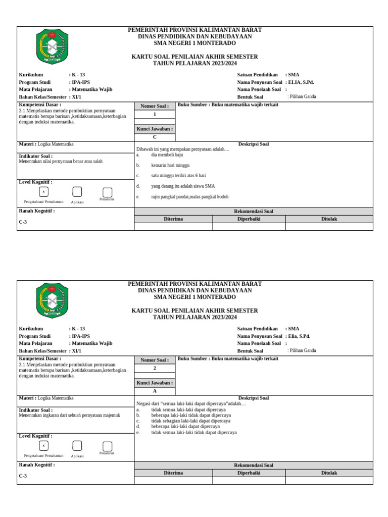Kartu Soal MTK Wajib 11 | PDF