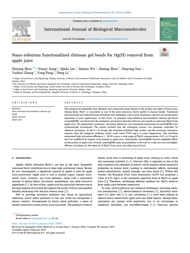 Nanoselenium Functionalized Chitosan Gel Beads For HG Removal From ...