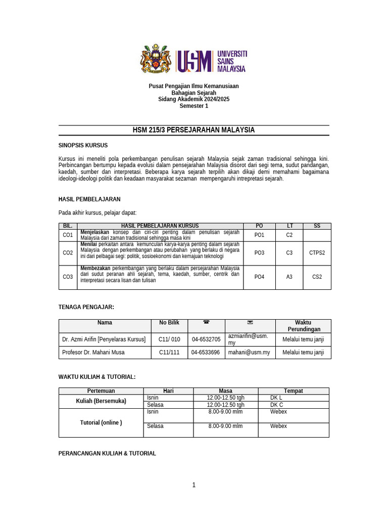 HSM 215 Rangka Kursus Sem 1 2024-2025 VERSI PELAJAR (New) | PDF