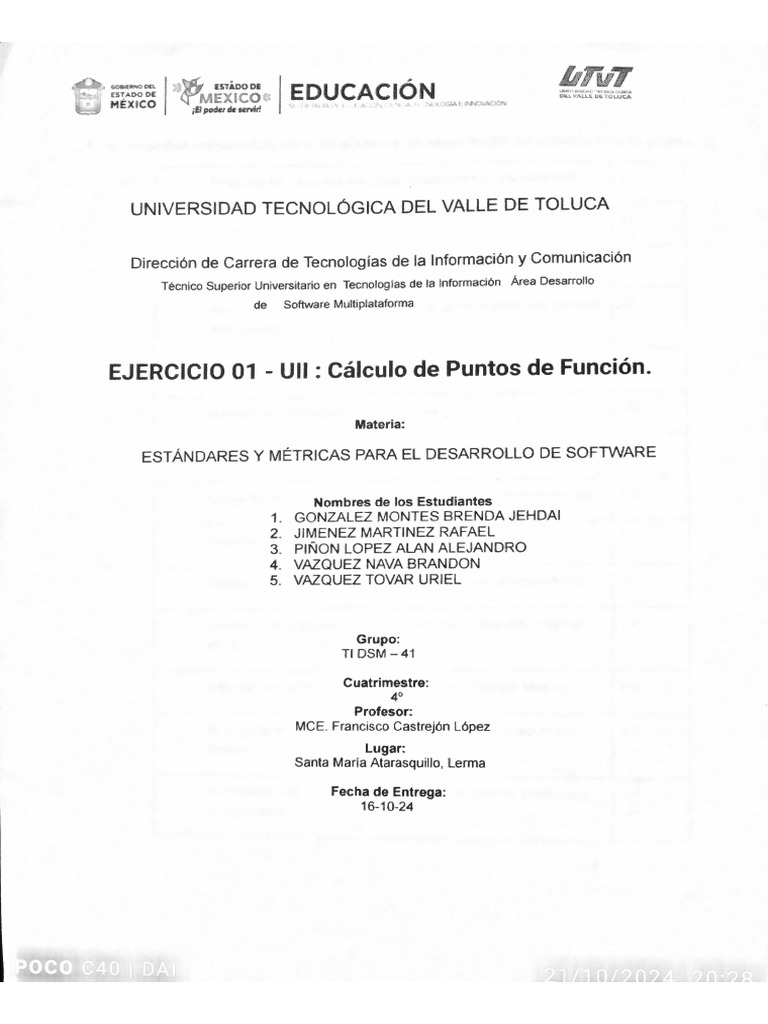 EJERCICIO 01 - UII - C-Lculo de Puntos de Funci-N. (21 Oct 2024 A La(s) 20-30) | PDF