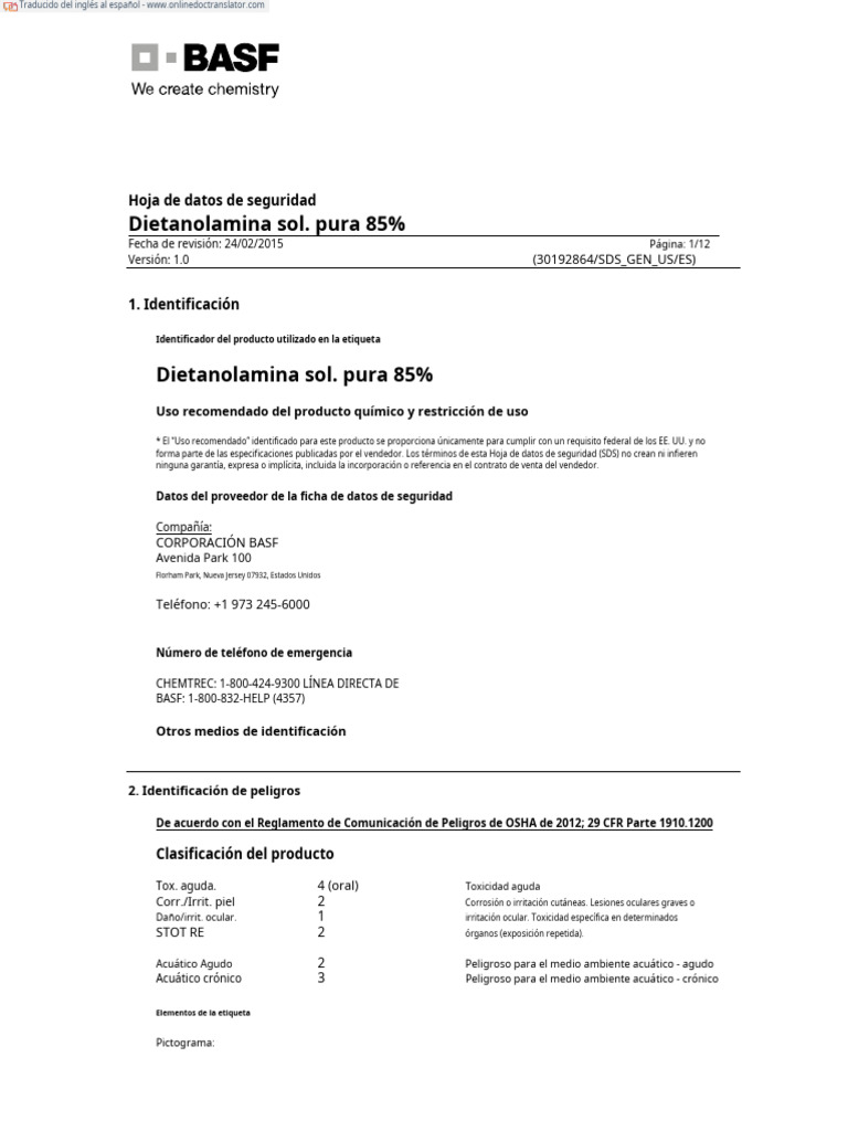 Hoja de Seguridad Dietanolamina 85% | PDF