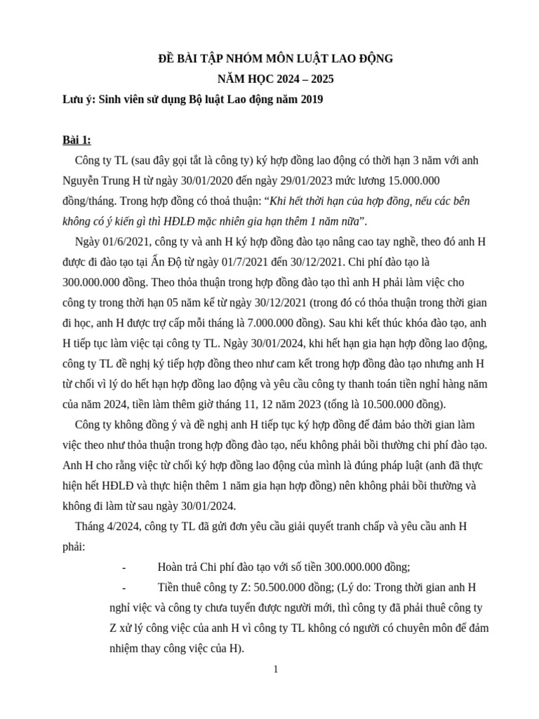 Hướng dẫn Đề 1 Luật Lao động 1 K48 2024-2025 | PDF