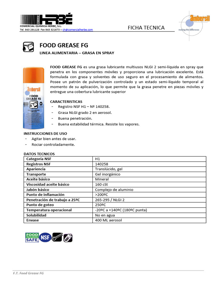 Grasa en Spray Food Grease FG NLGI 2 | PDF | Lubricante | Materiales