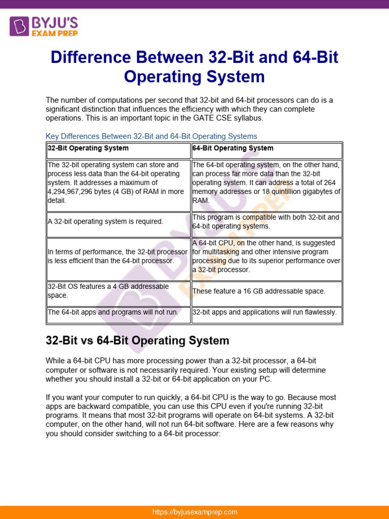 GATE CSE: 32-Bit vs 64-Bit OS | PDF | 64 Bit Computing | Operating System