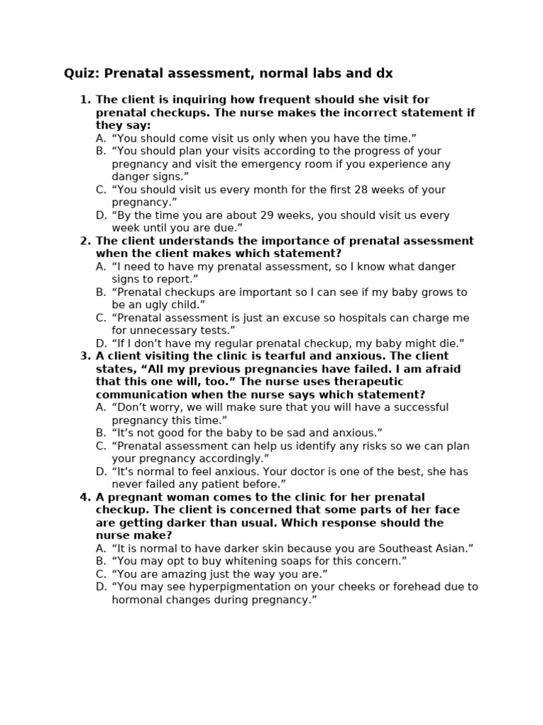 Prenatal Assessment and Lab Quiz | PDF | Pregnancy | Preventive Healthcare