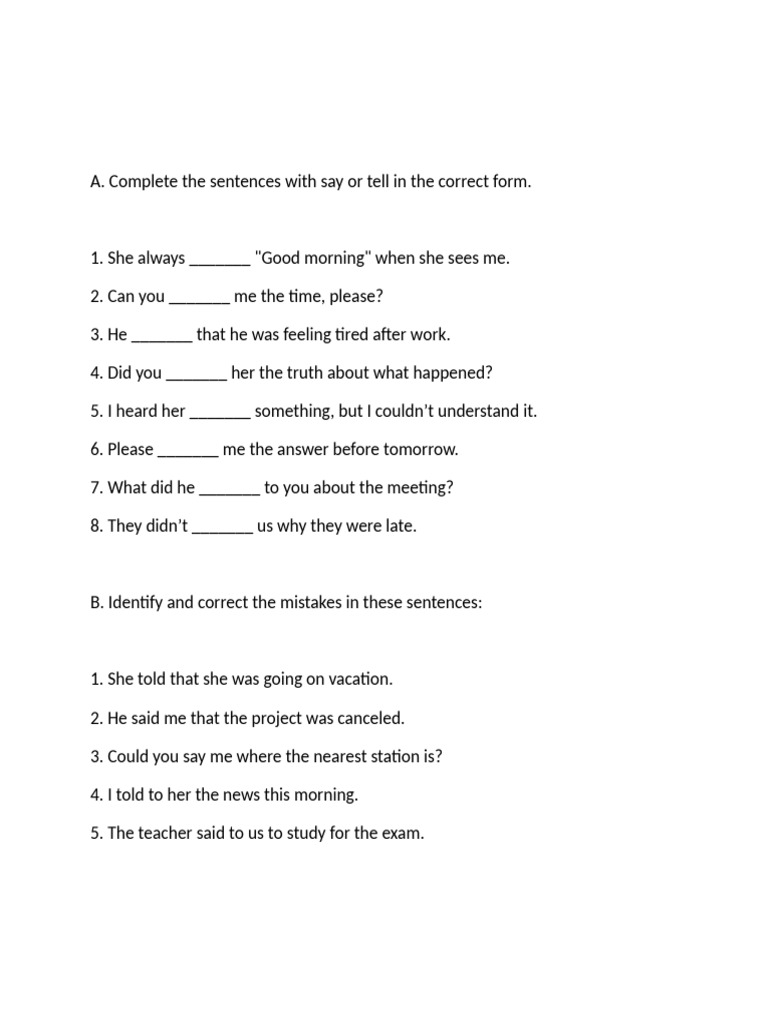 Say vs. Tell: Grammar Exercises | PDF | Career & Growth | Self-Improvement